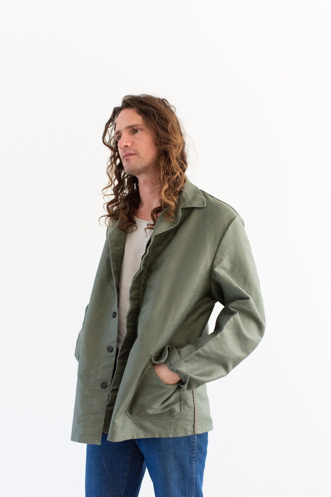 Vintage Sage Green Chore Jacket | Unisex Moleskin Cotton Utility Work ...