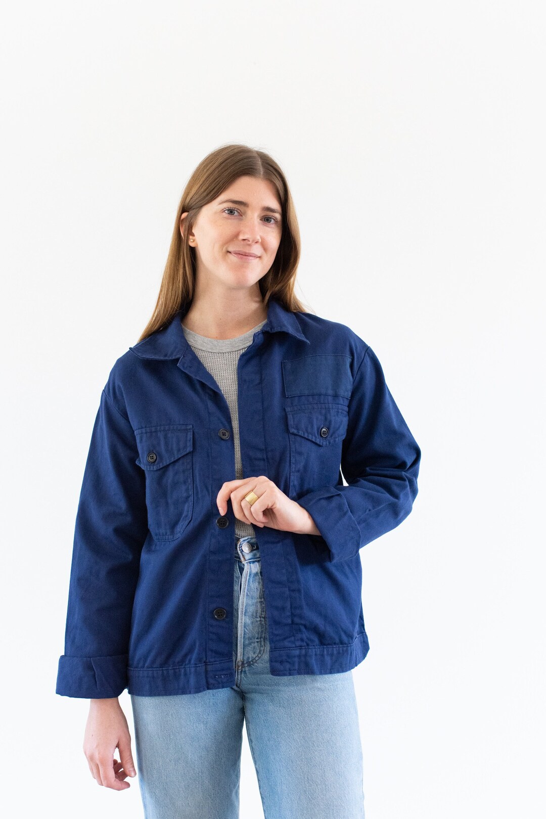 Vintage Rich Navy Blue Work Jacket Unisex Two Pocket Cotton Workwear ...
