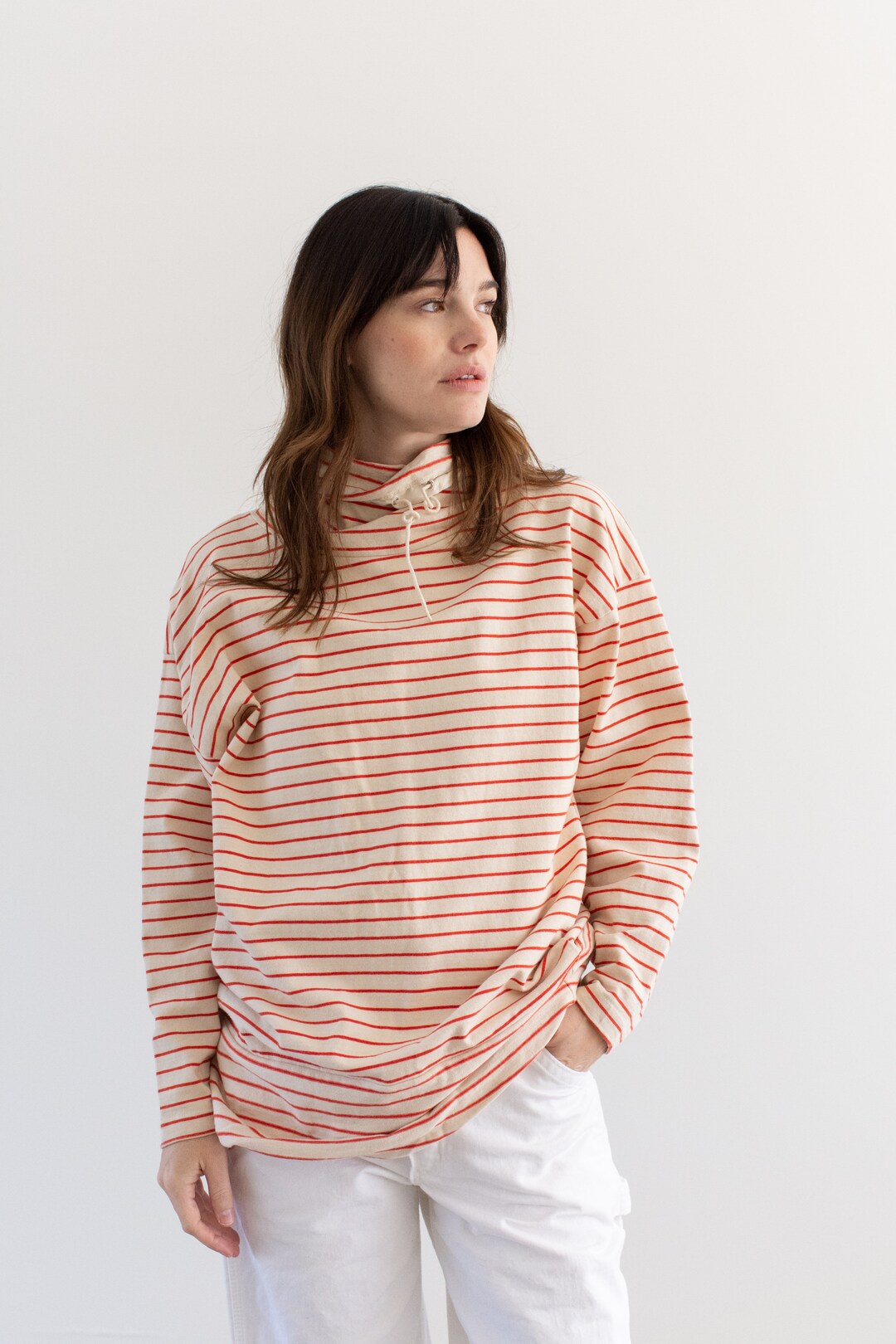 Vintage Cream Red Stripe Breton Shirt Unisex Sailor Funnel Neck Marine ...