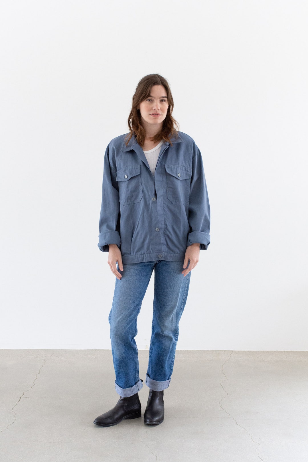 Vintage Slate Blue Grey Work Jacket Unisex Two Pocket Cotton Workwear ...