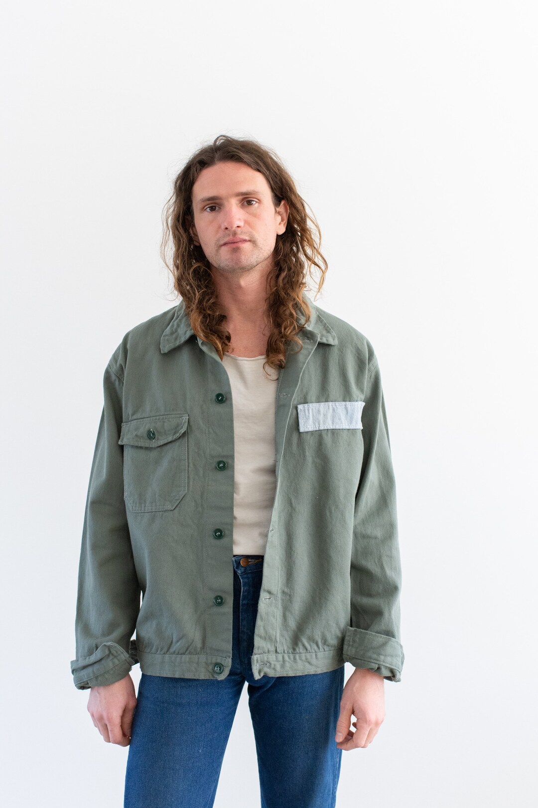 Vintage Sage Green Chore Jacket | Unisex Cotton Moleskin Utility Work ...