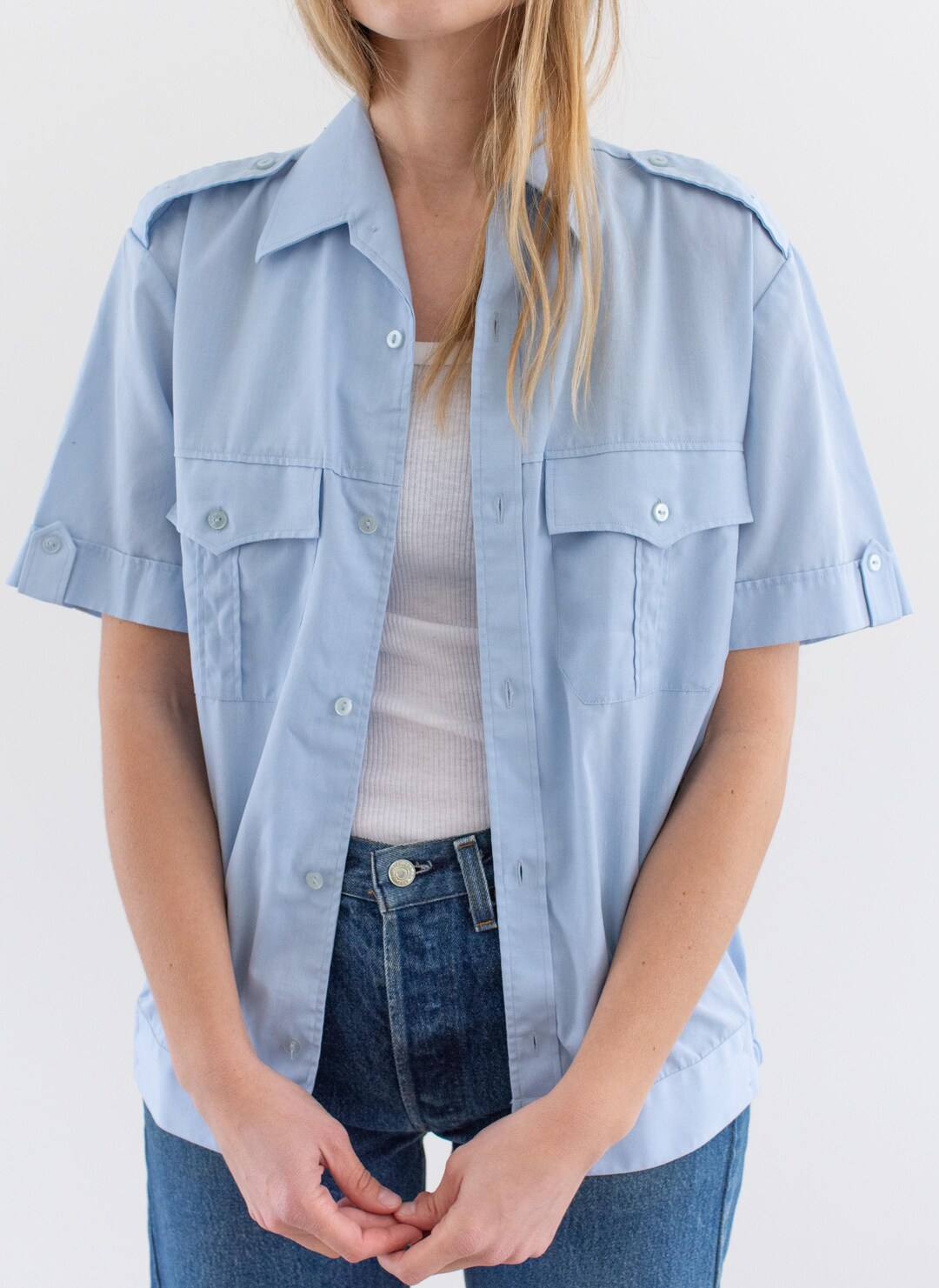 Vintage Light Blue Short Sleeve Work Shirt | Unisex Cotton Blend ...