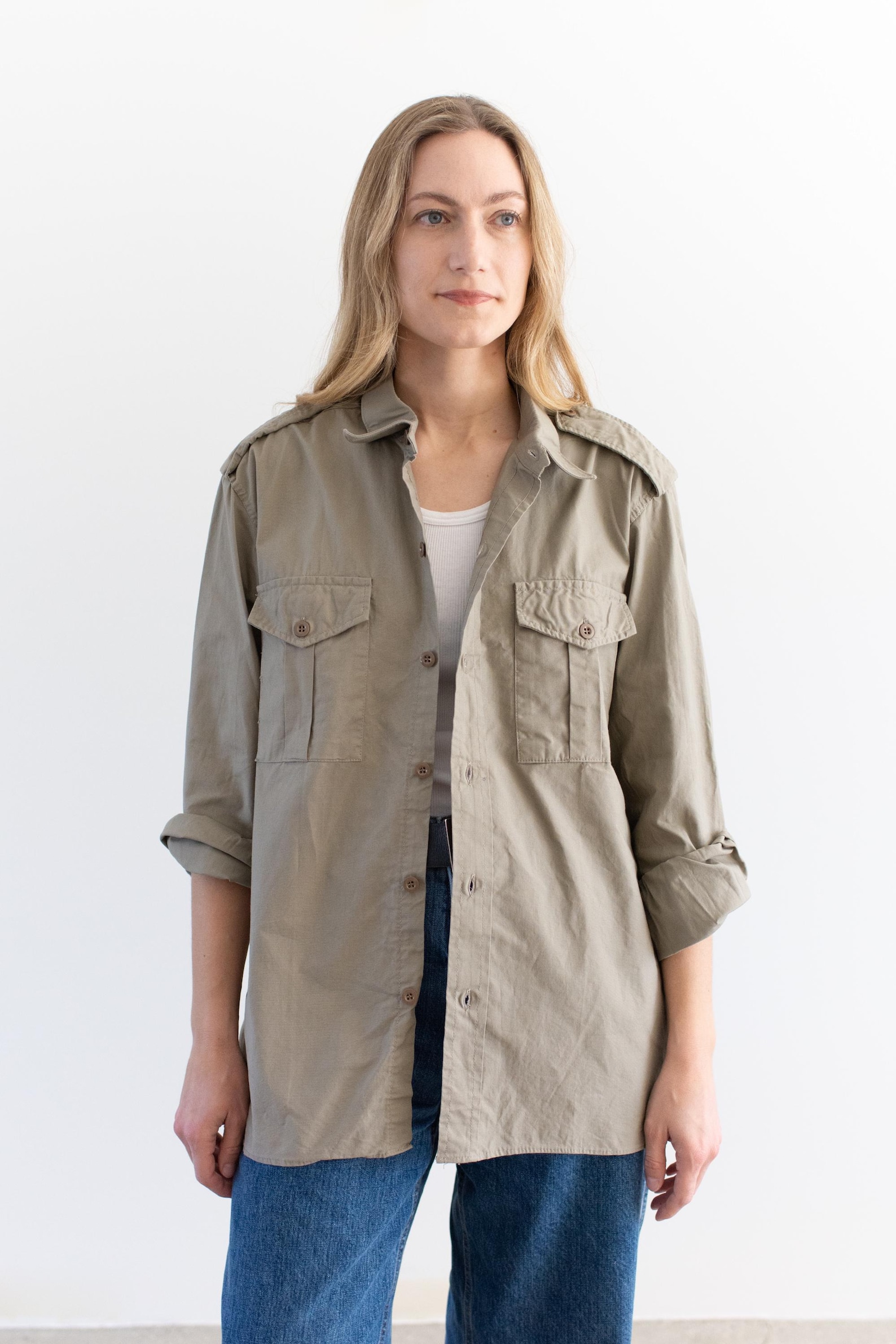 Vintage Stone Khaki Long Sleeve Button up Work Shirt | Unisex Tan Beige ...