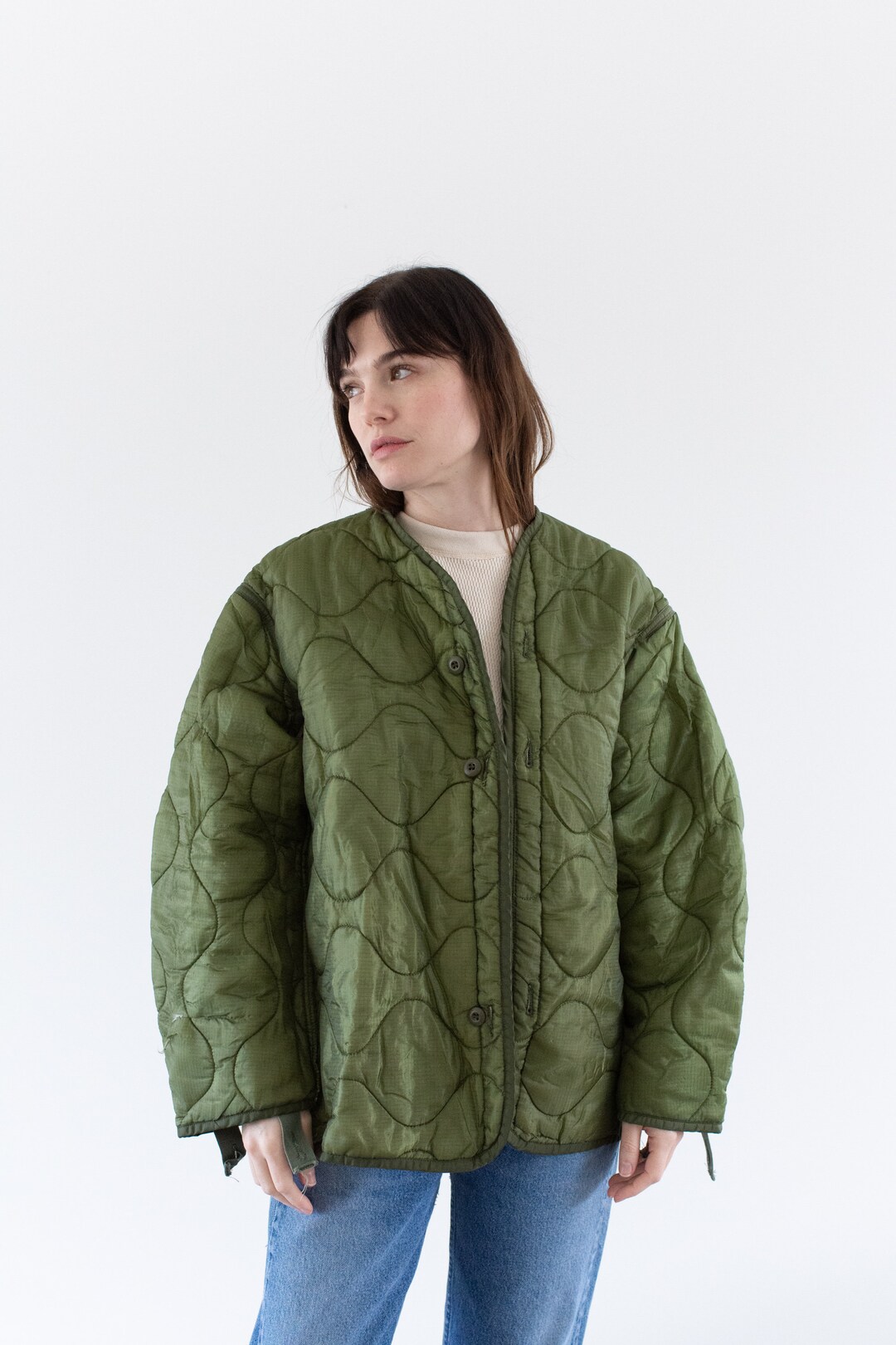 Vintage Green Liner Jacket | Unisex Wavy Quilted Nylon Coat | L XL ...