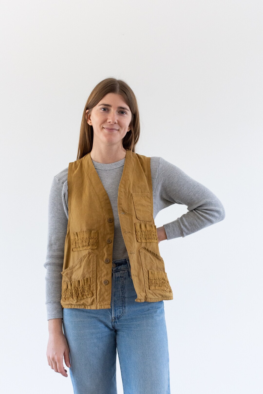 Vintage Tan Canvas Fishing Vest Khaki Cotton Hunting Outdoors Camping S ...
