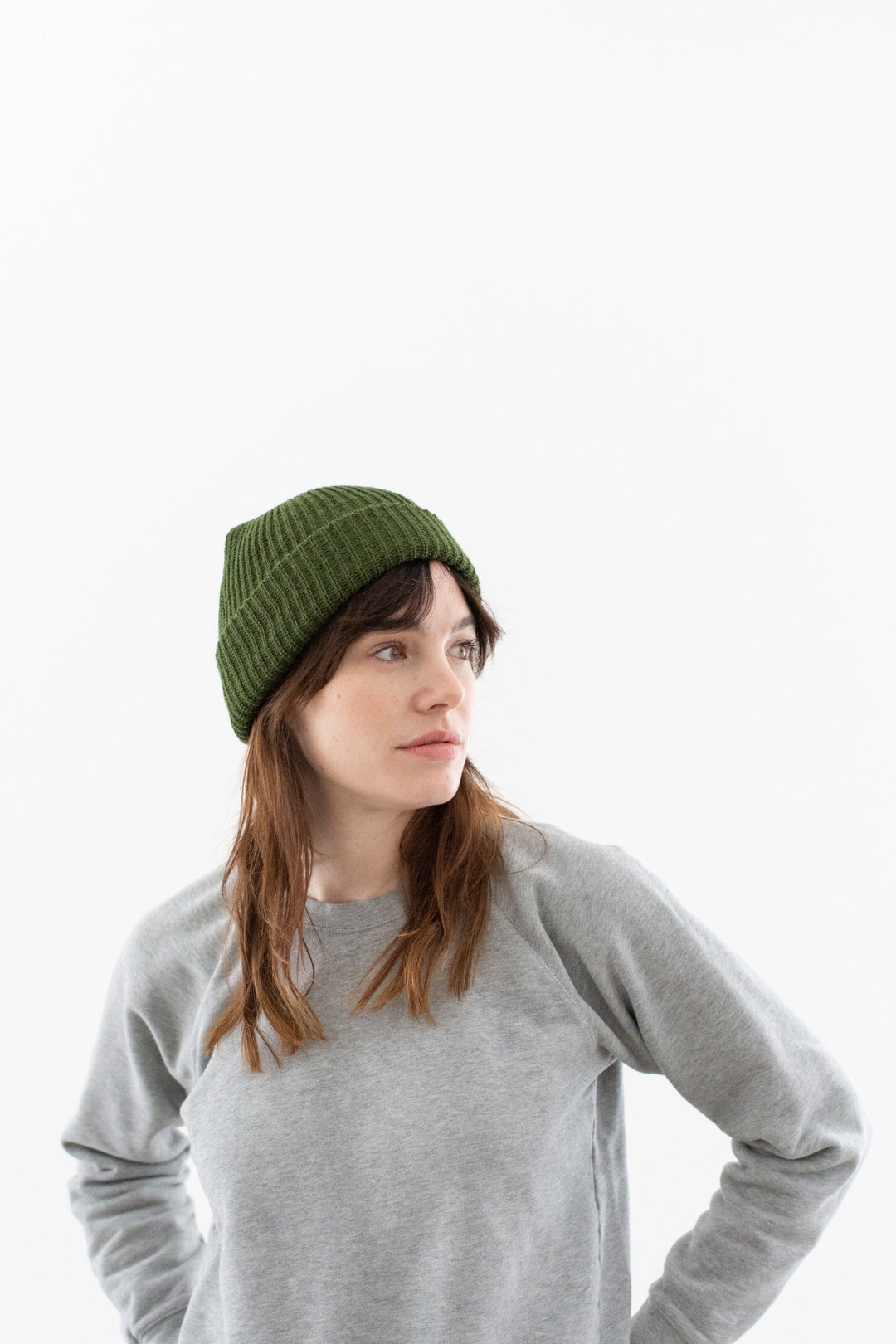 Woven Olive Green Beanie Acrylic Hat Watch Cap Ribbed Military Beanie ...