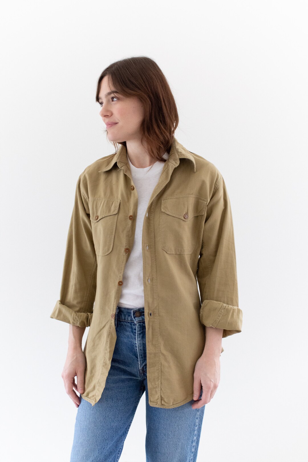 Vintage Worn in Khaki Long Sleeve Button up Work Shirt 60s Tan Beige ...