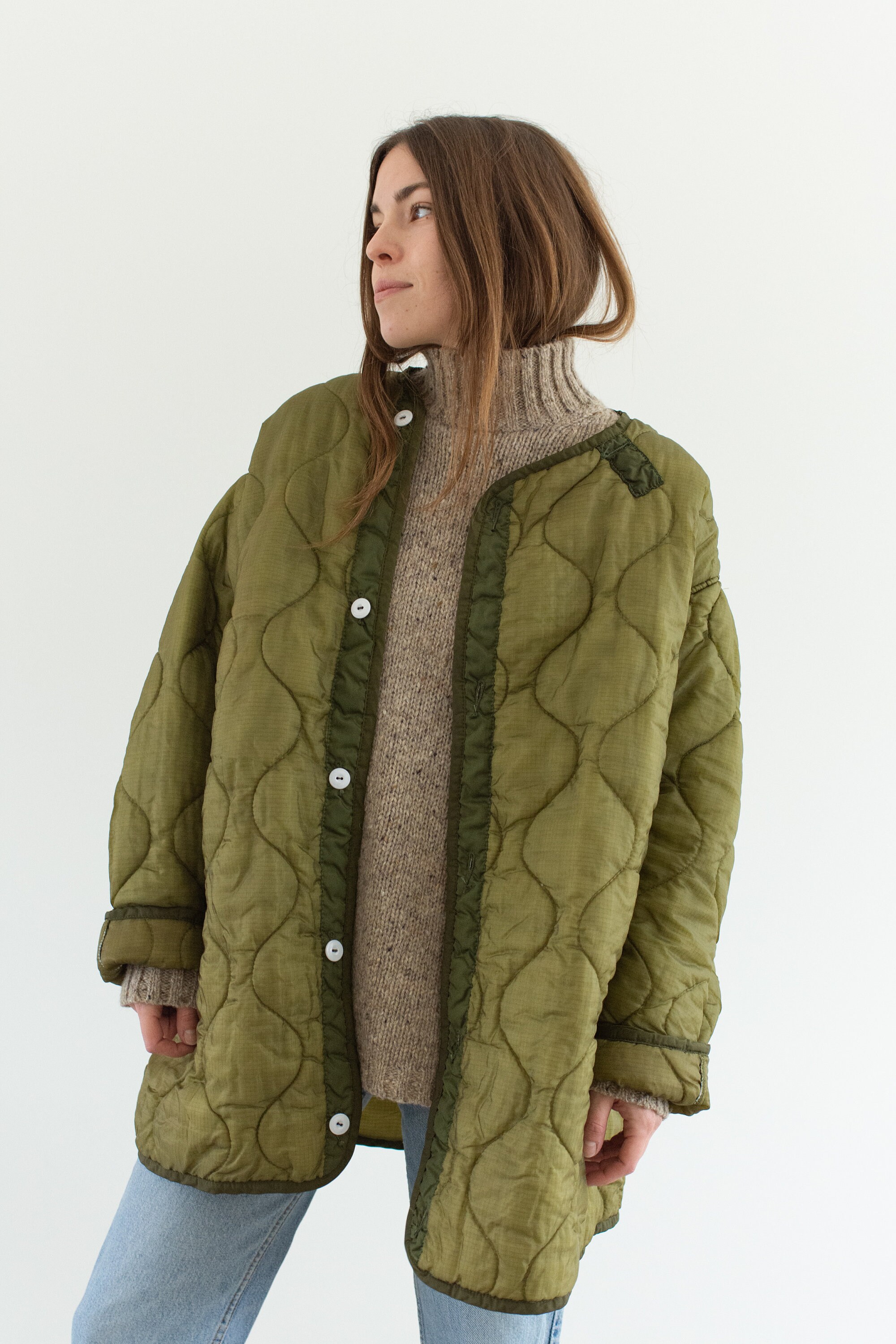 Vintage Long Green Liner Jacket White Buttons Unisex Wavy - Etsy