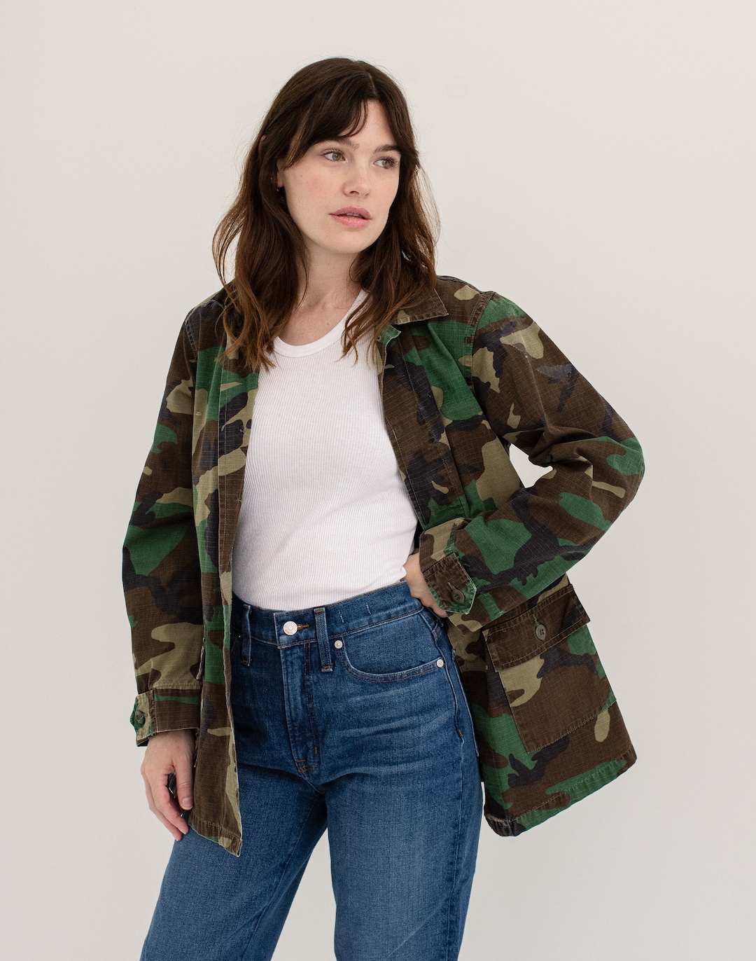 Vintage Faded Green Ripstop Camo Jacket | Camouflage Cotton Button up ...