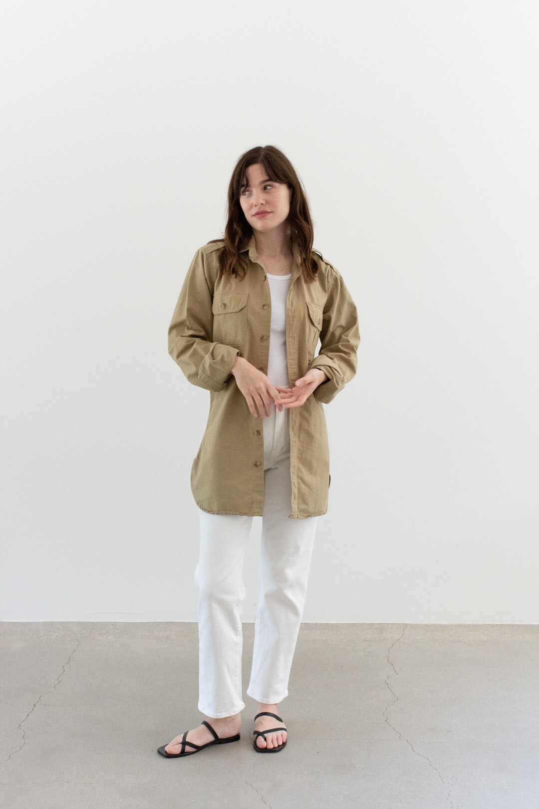 Vintage Khaki Tan Ripstop Long Sleeve Button up Work Shirt | Tan Beige ...