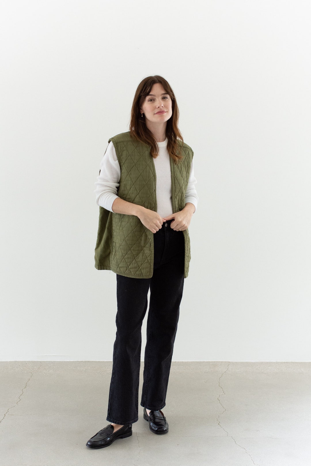 Vintage Green Diamond Quilt Cotton Vest | Unisex Sleeveless Liner ...
