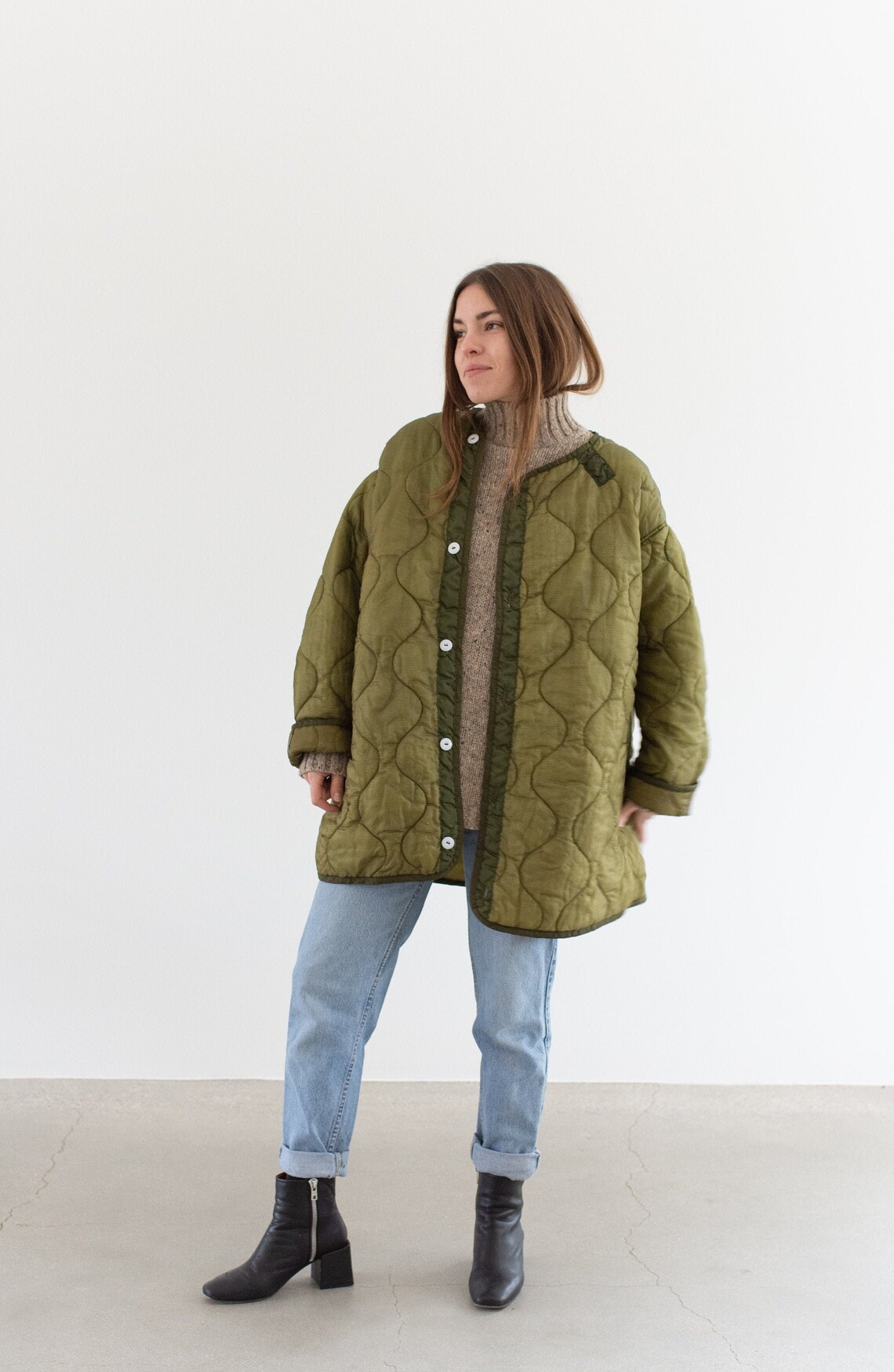Vintage Long Green Liner Jacket White Buttons Unisex Wavy - Etsy