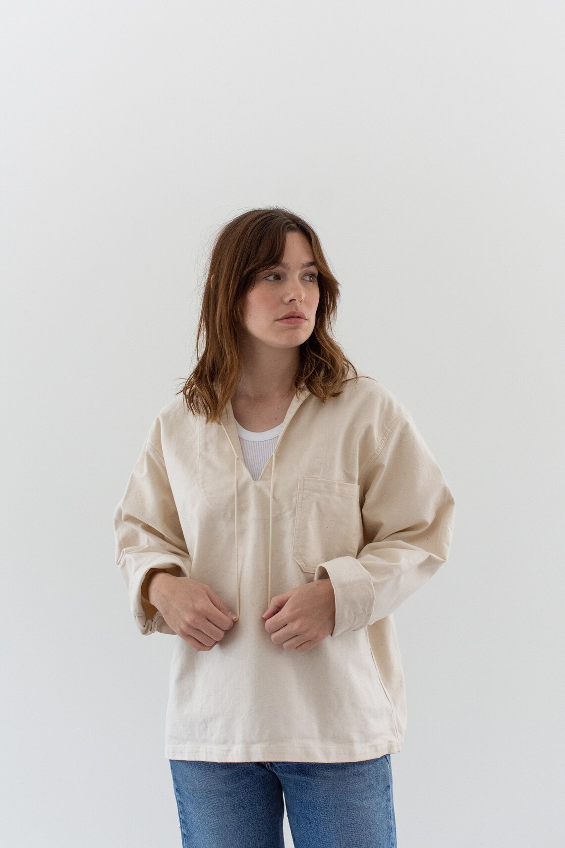 Vintage Cream Canvas Sailor Popover Shirt | 70s European Long Sleeve ...