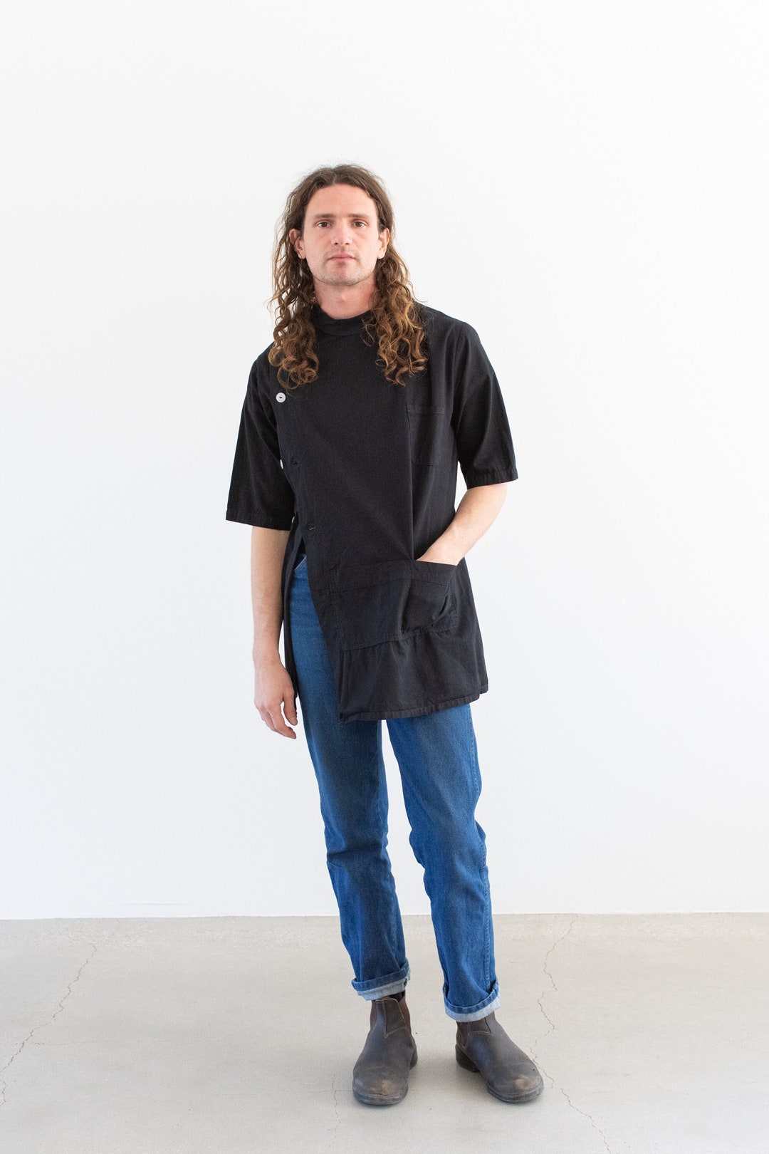 The Walwin Smock in Black | Vintage Overdye Side Button Painter Shirt ...