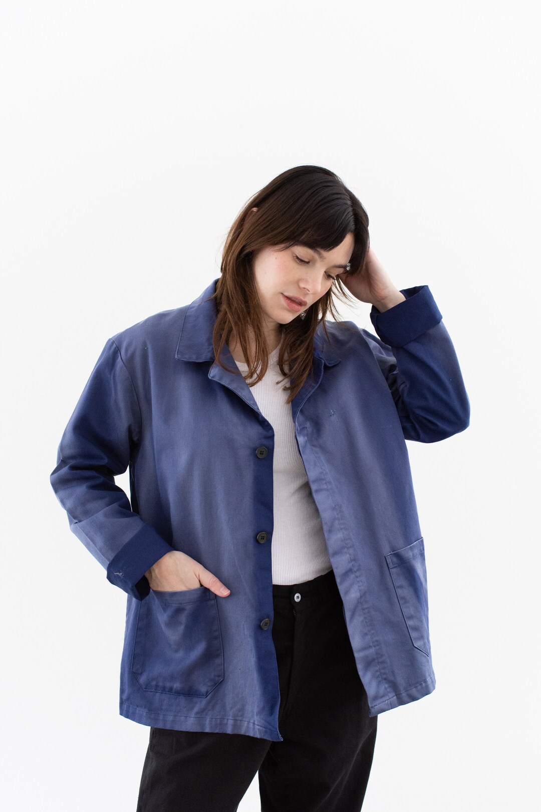 Vintage Blue Sun Fade Chore Jacket Unisex Twill Cotton Utility Work ...