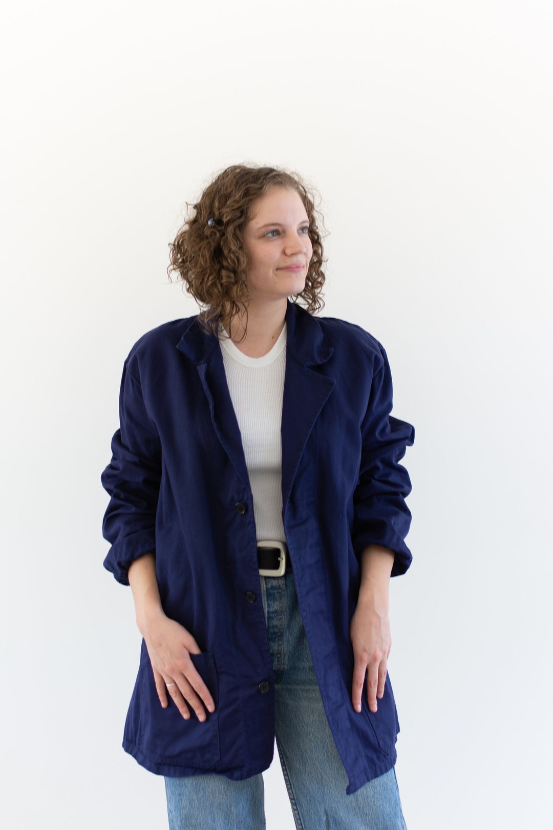 Vintage Dark Rich Blue Chore Coat Navy Unisex Cotton Military Utility ...