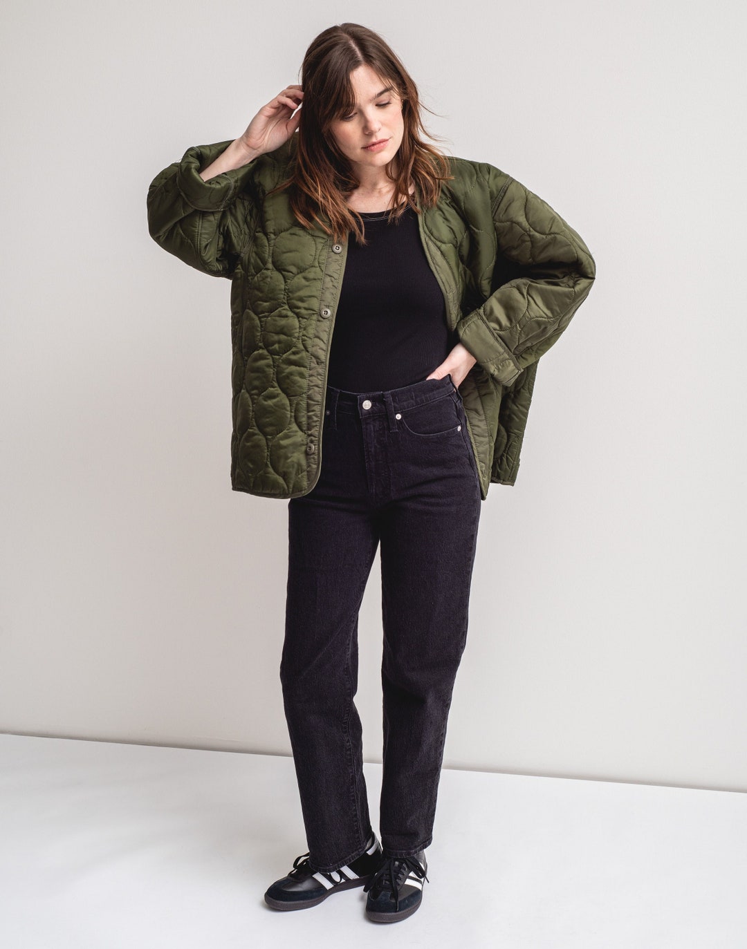 Vintage Green Liner Jacket | Unisex Wavy Quilted Nylon Coat | XL ...