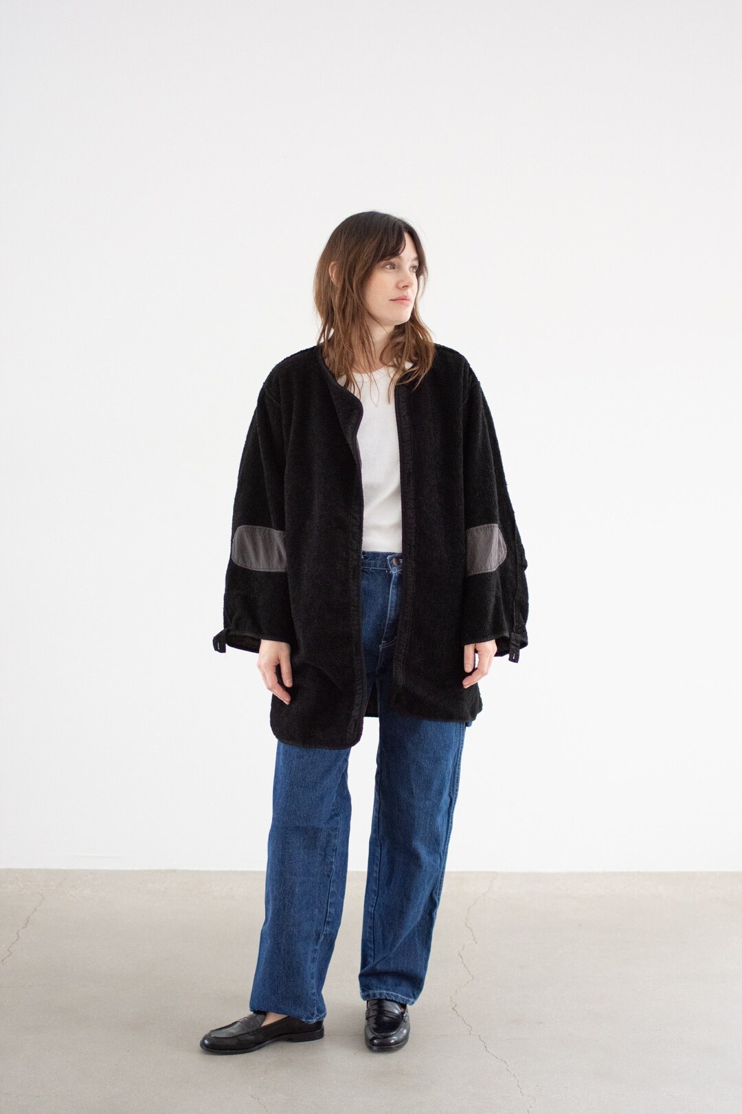 Vintage Black Overdye Pile Long Liner Jacket | Unisex 50s Terry Cloth ...