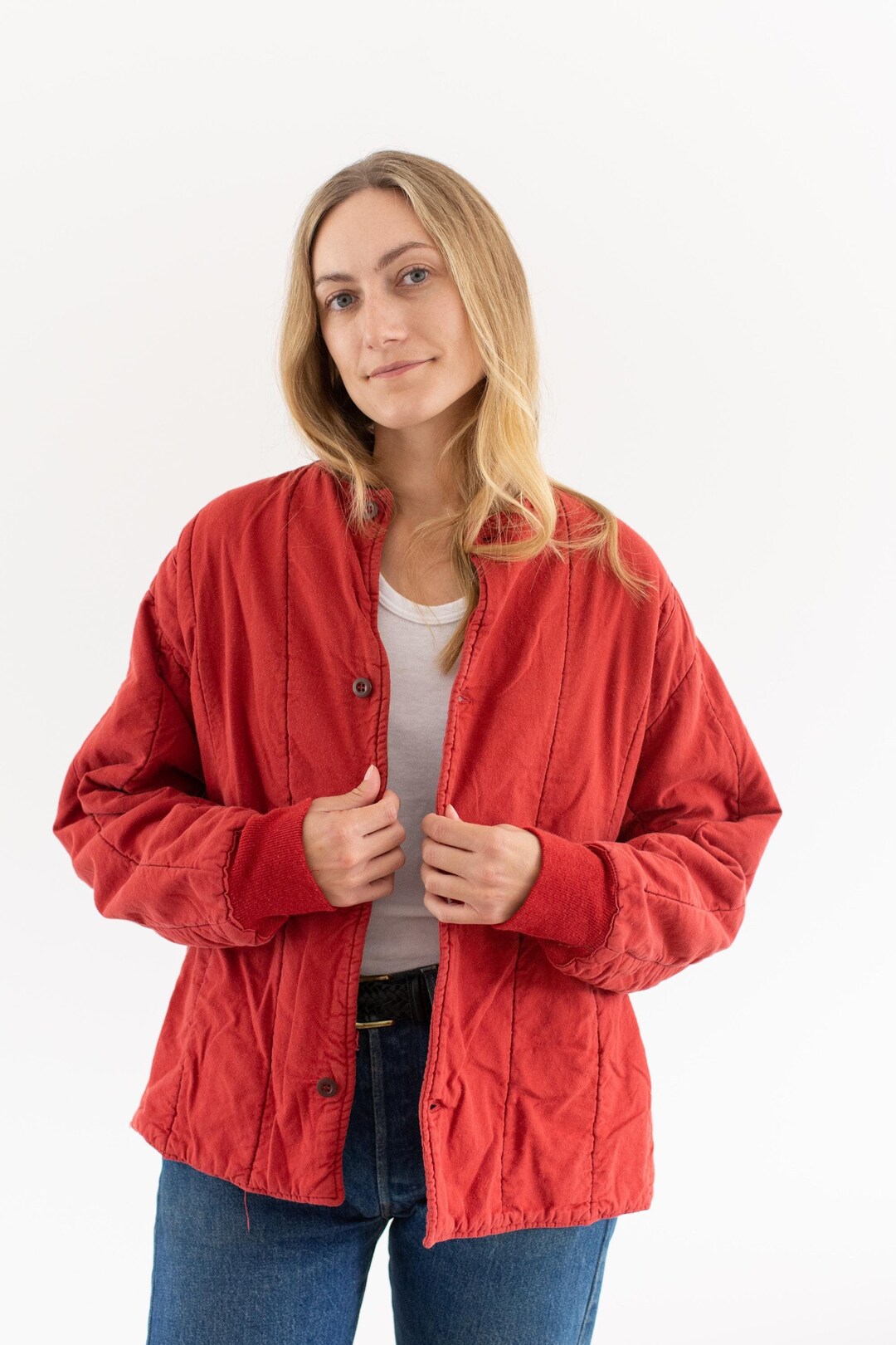 Vintage Overdye Tomato Red Cotton Quilt Jacket | Unisex Round Quilted ...
