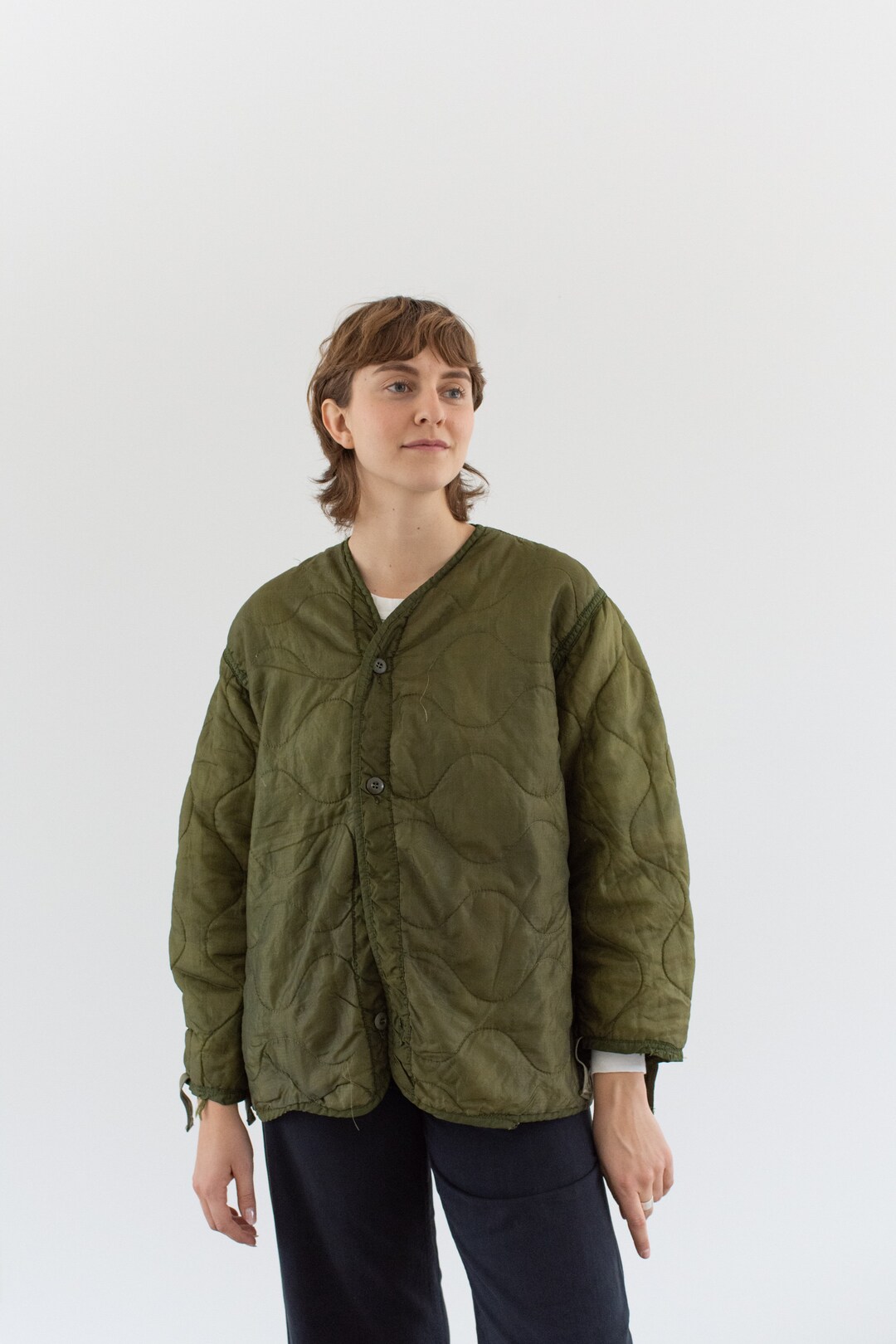 Vintage Green Liner Jacket Unisex Wavy Quilted Nylon Coat L LI157 - Etsy
