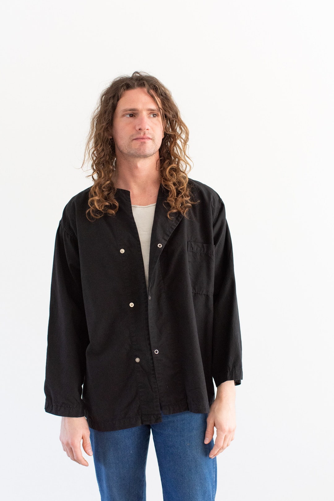 Vintage Black Overdye Side Snap Shirt Jacket | Unisex 1950s Smock Tunic ...