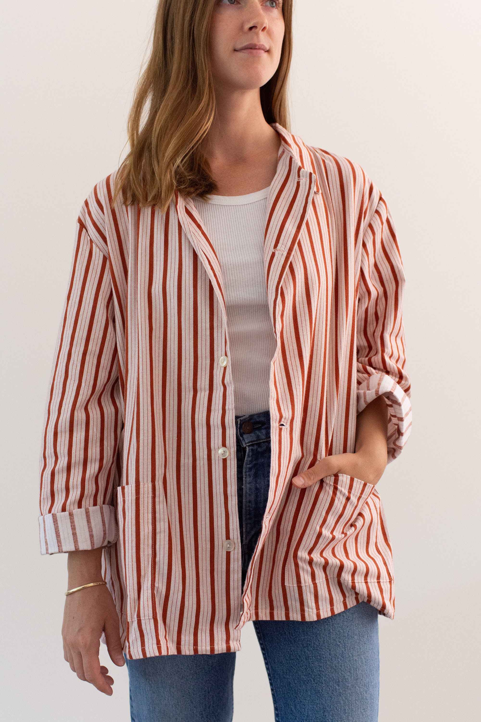 Vintage Rust Red Striped Shirt Jacket Unisex Stripe Cotton - Etsy