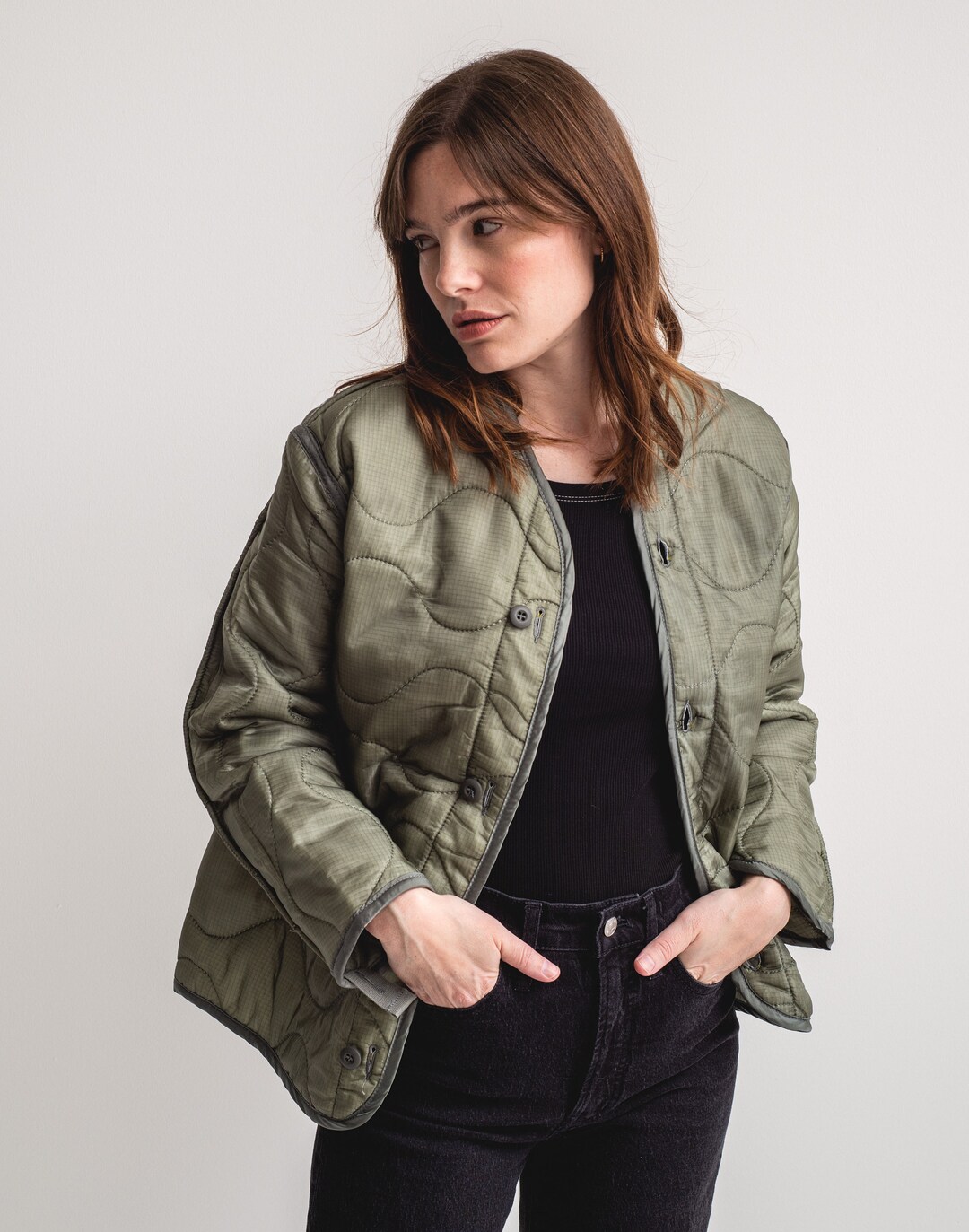 Vintage Slate Green Liner Jacket Unisex Sage Wavy Quilted Nylon Coat S ...