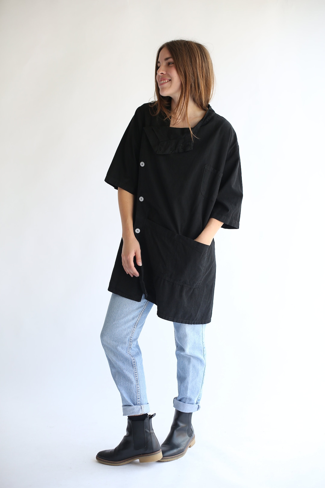 The Walwin Smock in Black | Vintage Overdye Side Button Painter Shirt ...
