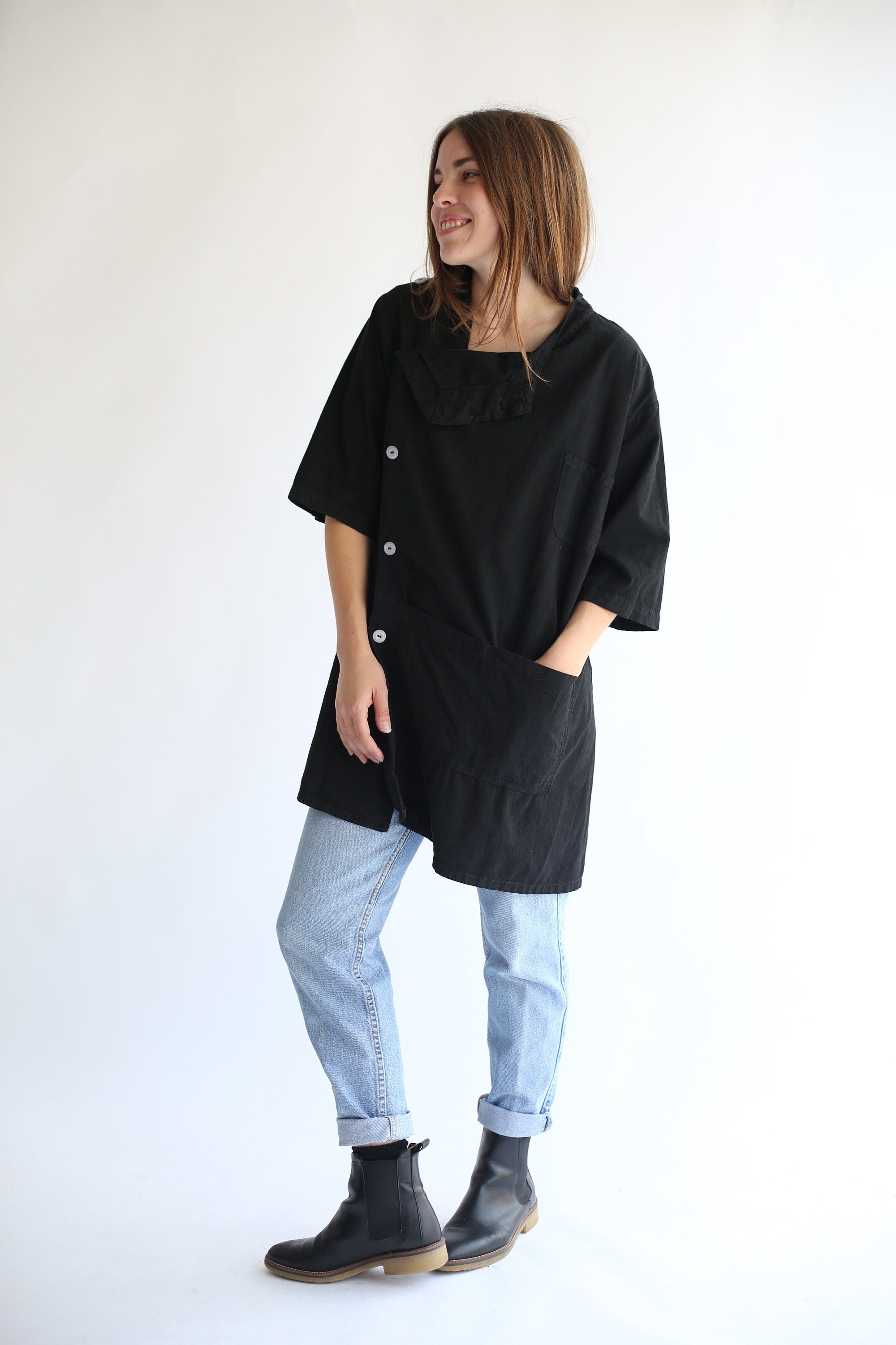 The Walwin Smock in Black | Vintage Overdye Side Button The Walwin Smock in Black | Vintage Overdye Side Button