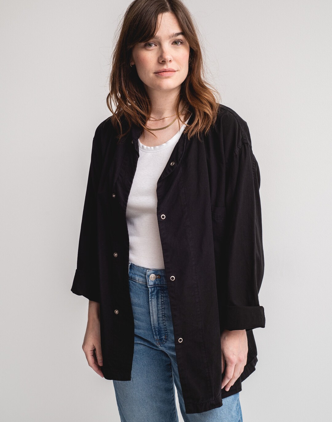 Vintage Black Overdye Side Snap Shirt Jacket | 1950s Smock Tunic Cotton ...