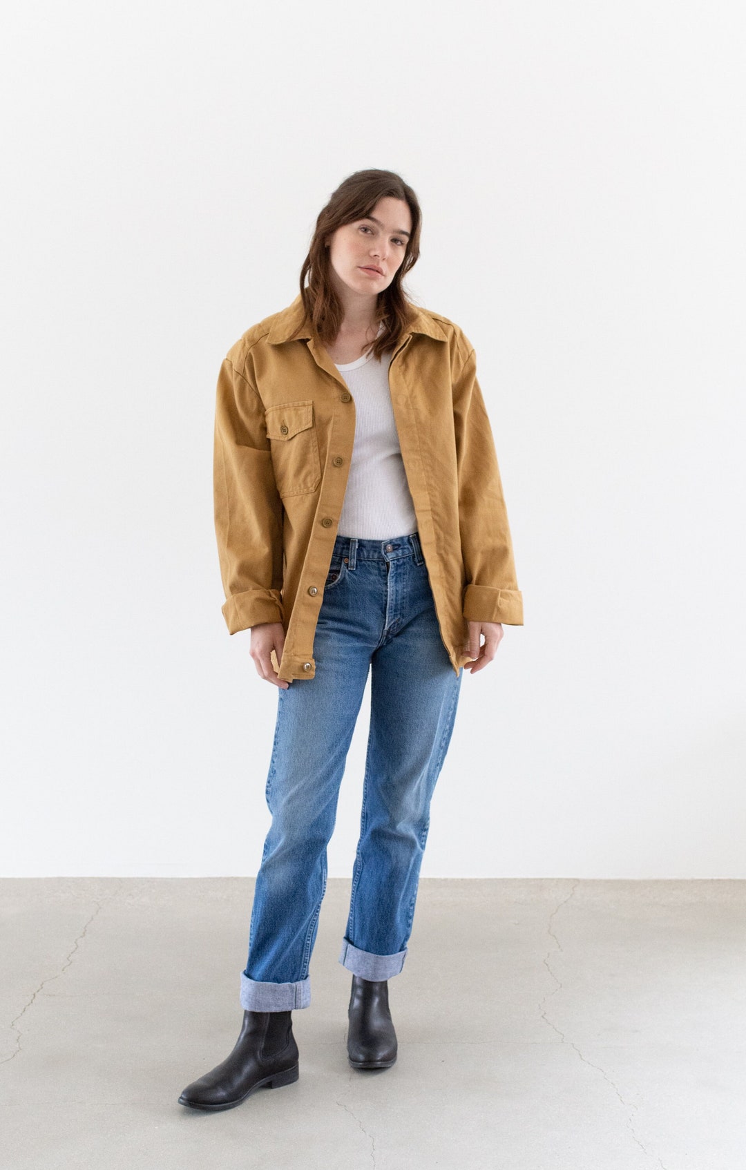 Vintage Tan Khaki Single Pocket Work Jacket Unisex Utility Coat Made in ...