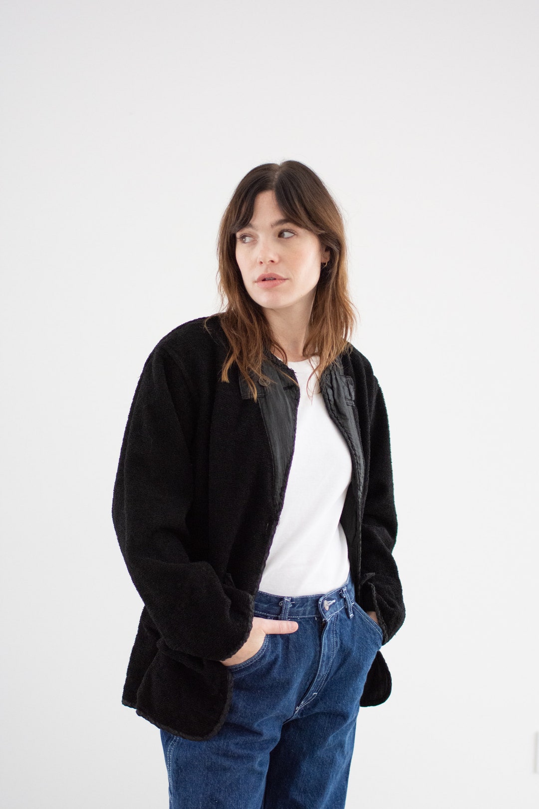 Vintage Black Overdye Pile Liner Jacket | Unisex 50s Terry Cloth ...