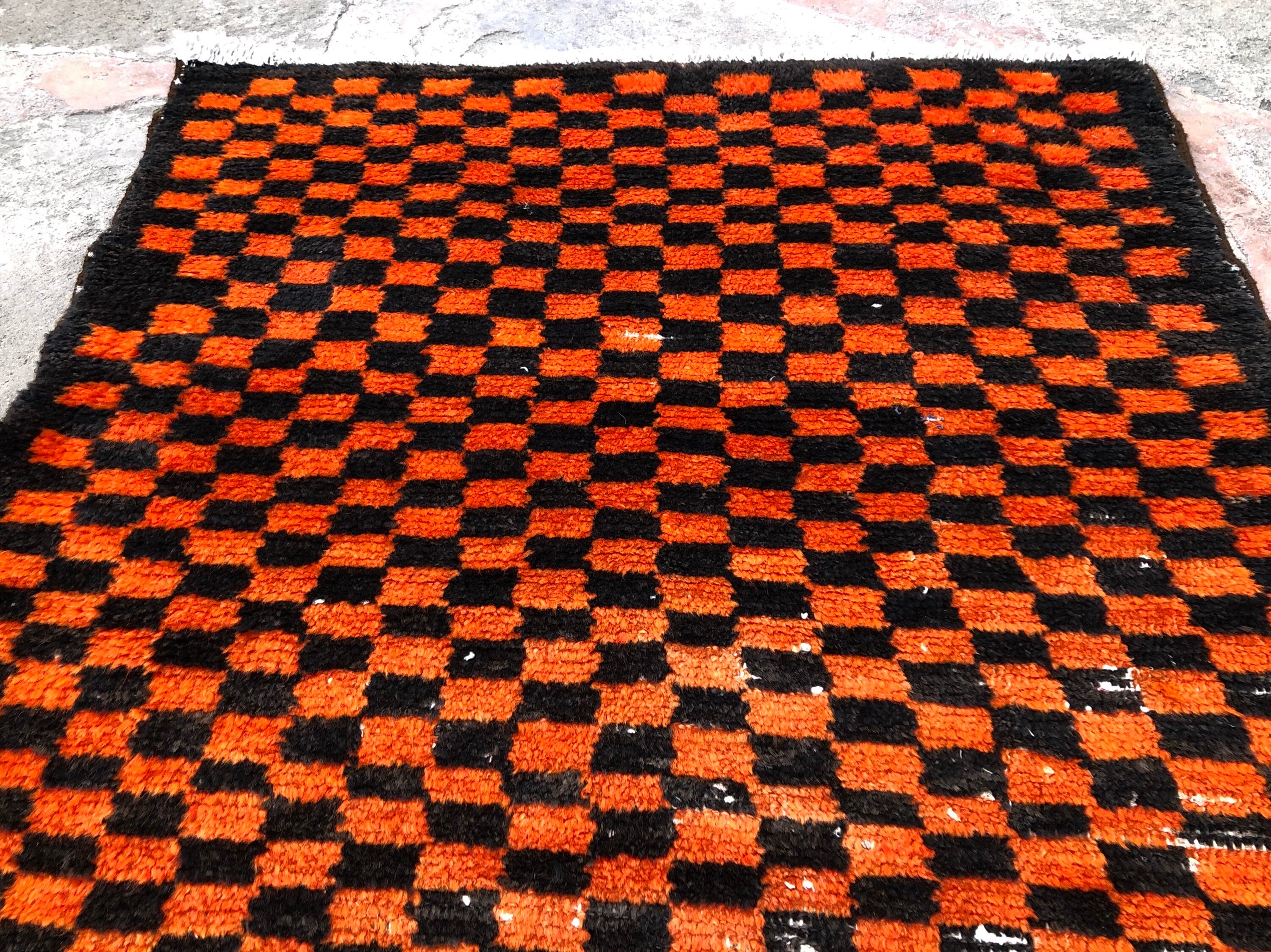 Vintage Turkish Rug, Checker Design Vintage Rug, Orange Turkish Rug ...
