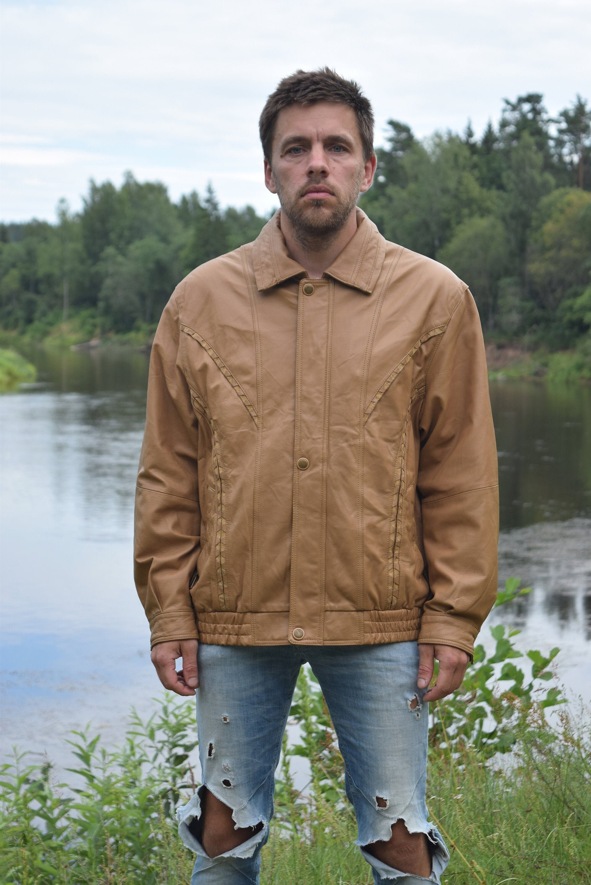 Beige Leather Jacket Southwest Jacket Real Leather Jacket - Etsy