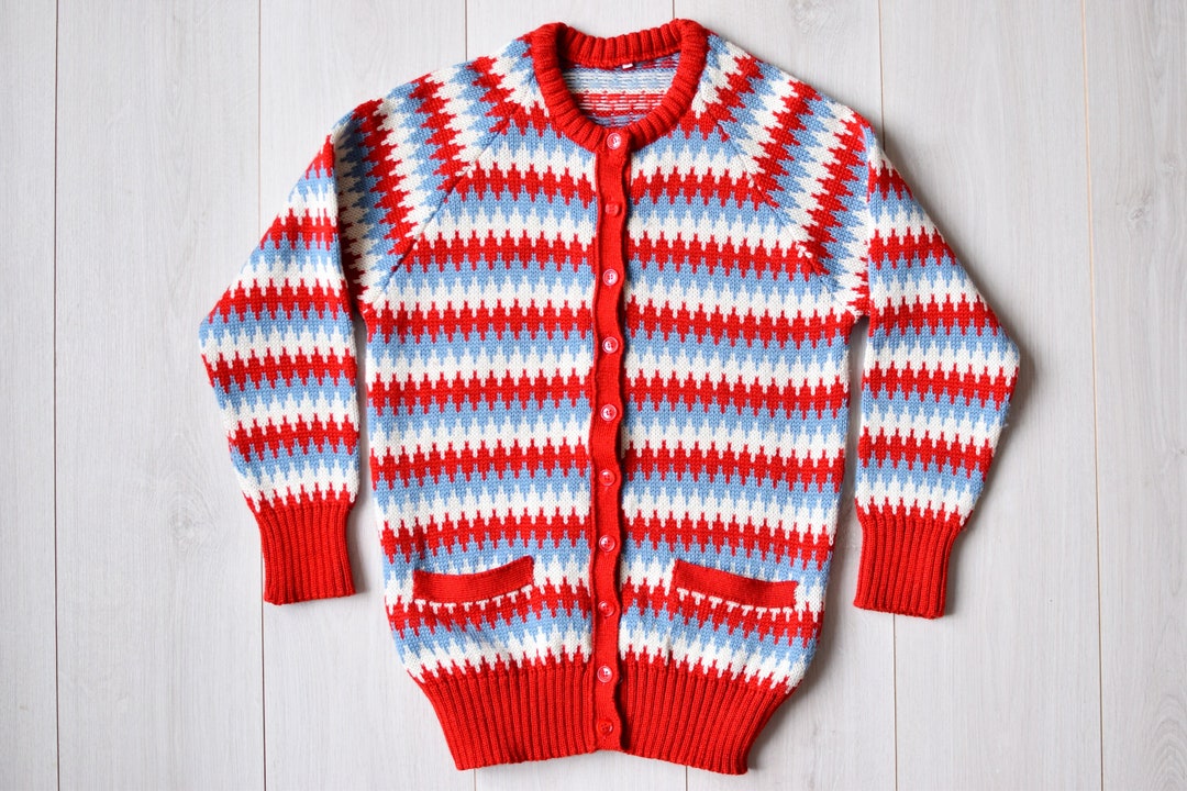 Vintage Italian Wool Cardigan, 80s Ski Sweater, Patterned Jacket, Women ...