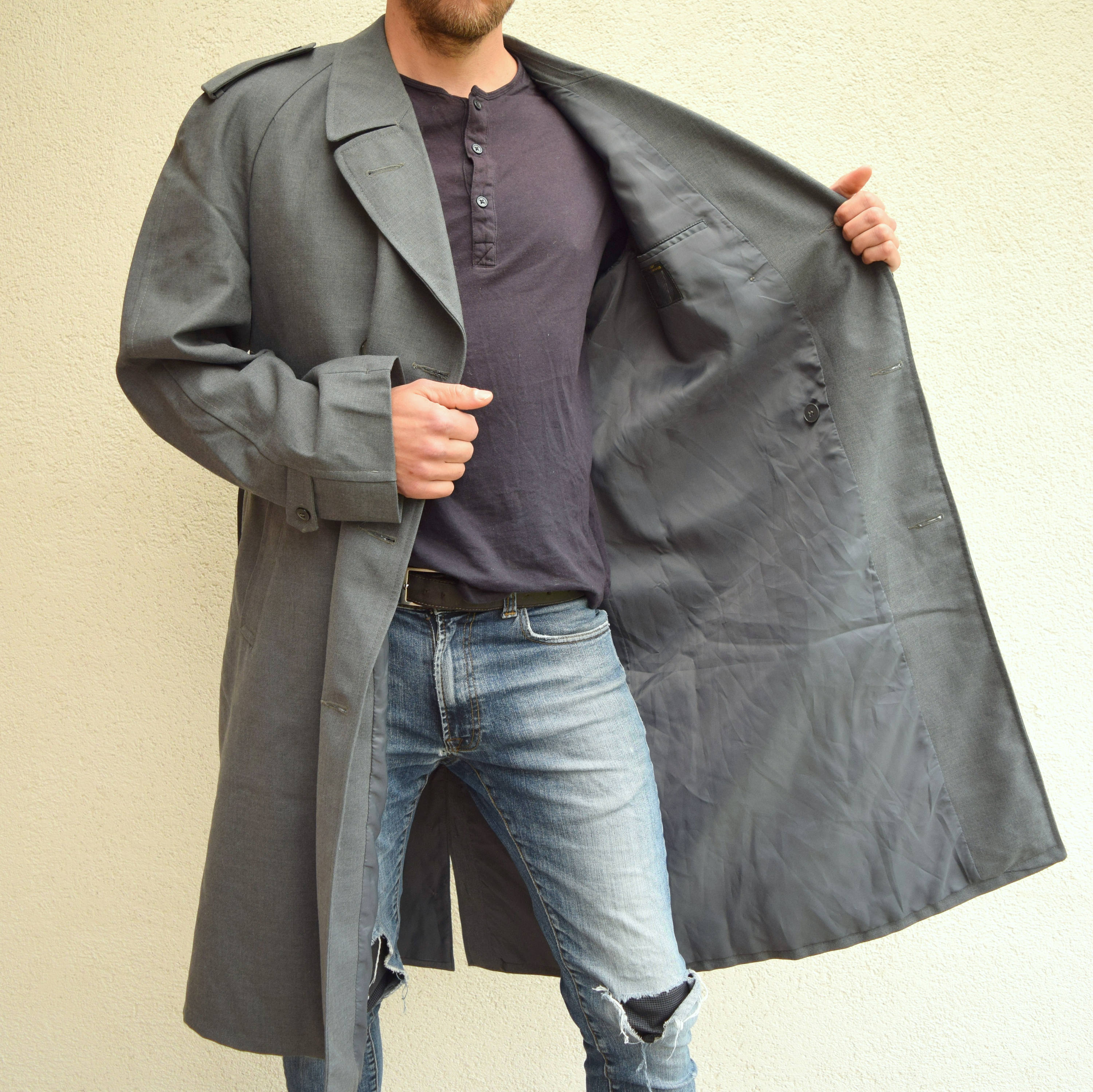 Gray Vintage Trench Coat, Duster Coat, Wool Coat,80s, Winter Gray Vintage Trench Coat, Duster Coat, Wool Coat,80s, Winter
