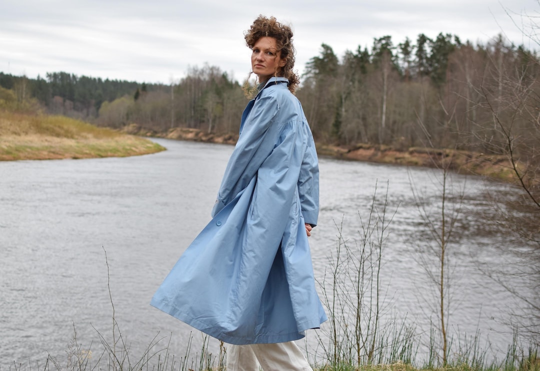 Vintage Floral Duster Coat: Light Blue Scandinavian Overcoat, Women's M ...