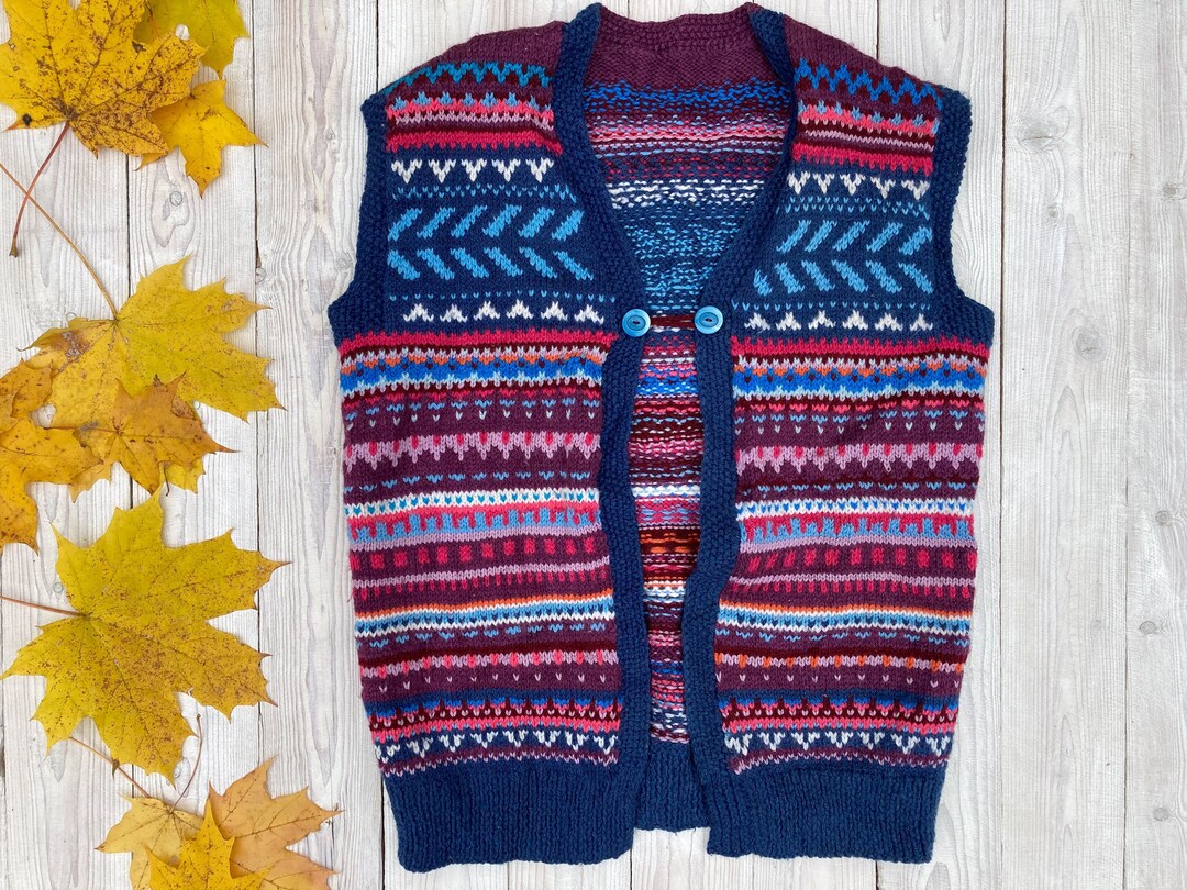 Handmade Vintage Nordic Vest - 80s Retro Hand Knitted Woolen Jacket ...