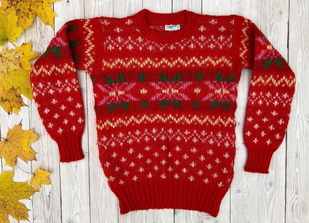 Red Vintage Italian Winter Sweater 80s Knitted Cozy Nordic Jumper ...