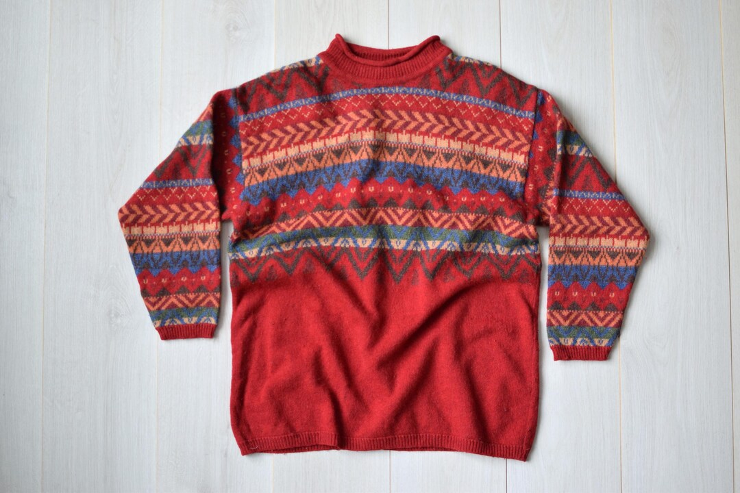 Vintage Wool African Sweater, Mauritanian Retro 90s Woolen Jumper, Red ...