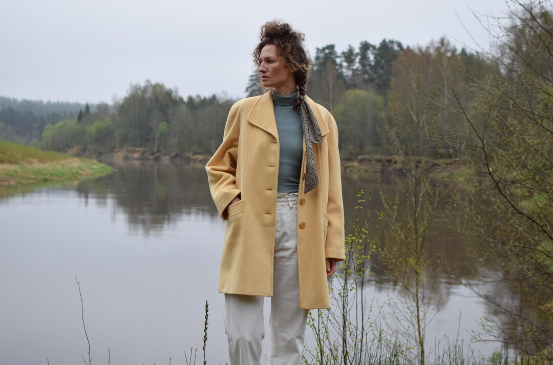 Vintage French Wool Cashmere Midi Coat - Light Yellow 90s Overcoat ...