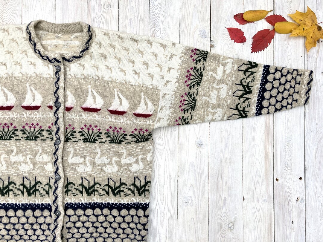 Hand Knitted Vintage Cardigan - Nordic Wool Sweater - Patterned ...