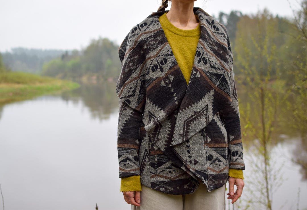 Vintage Aztec Pattern Jacket, Gray Retro Navajo Pattern Overcoat ...
