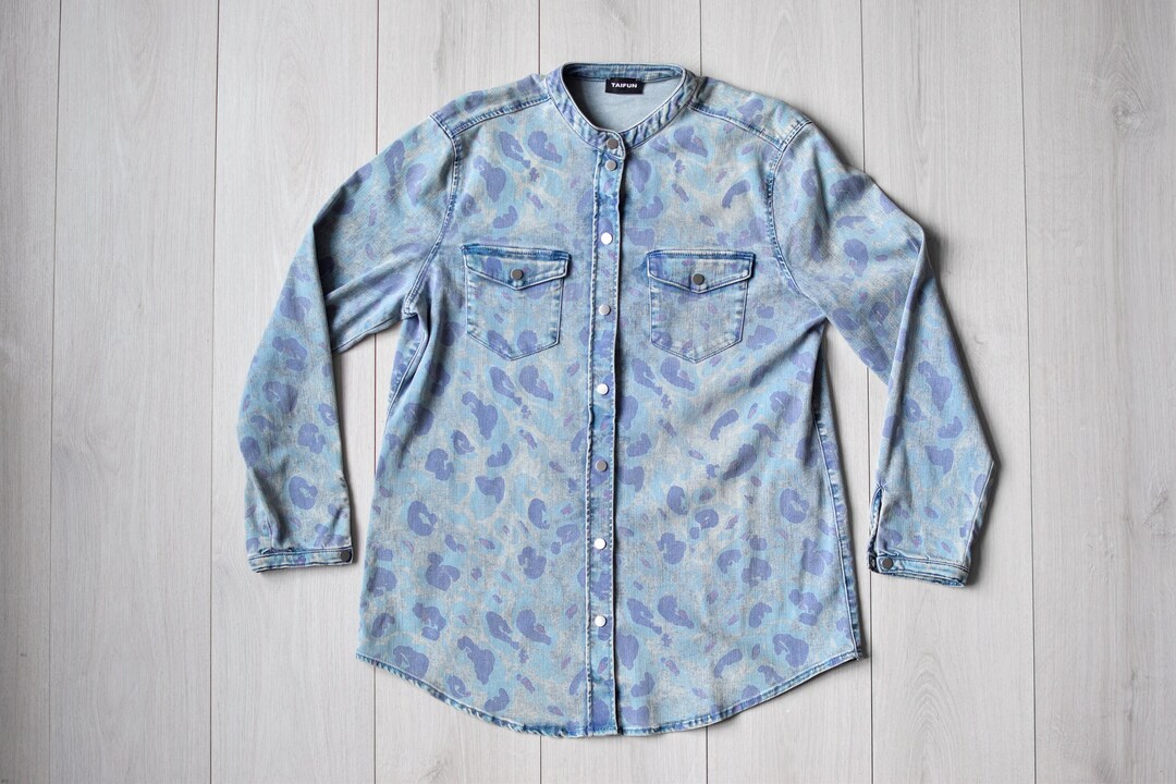 Blue Dappled-print Denim Jacket - Retro Snap-button Denim Shirt - Women ...