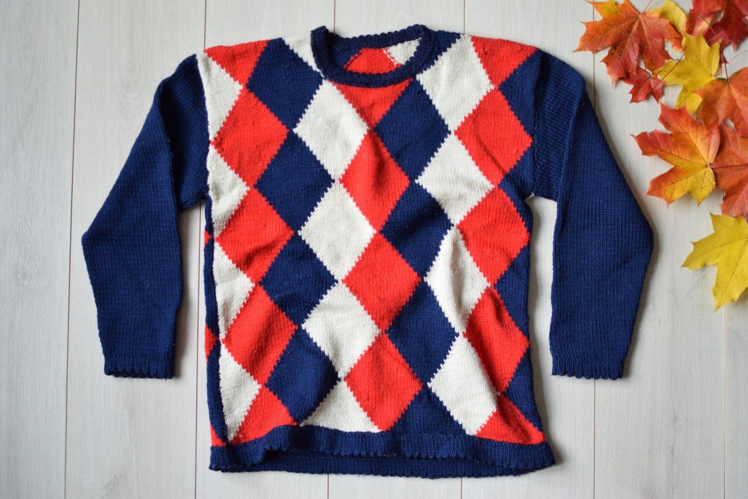 Vintage Diamond Pattern Wool Sweater: Hand-knitted 90s Jumper - Men's ...