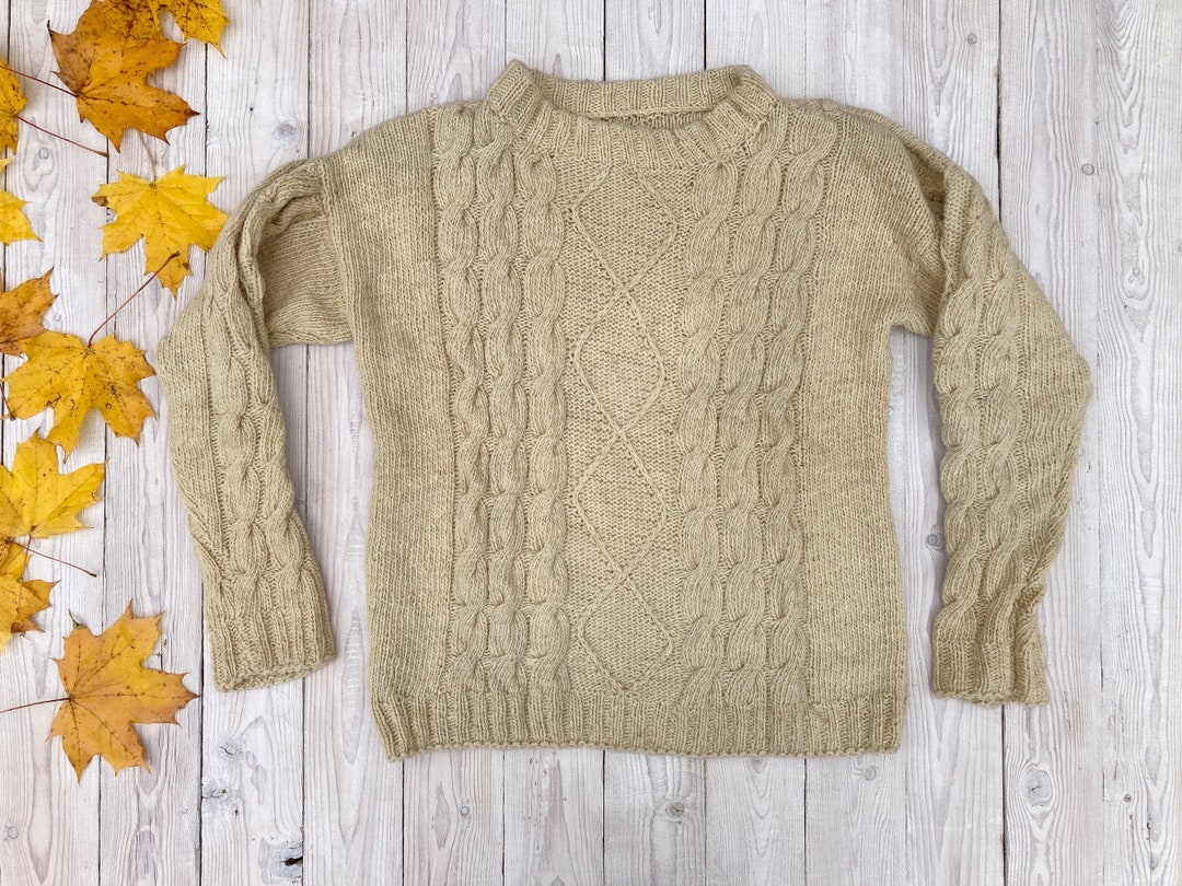 Beige Aran Pullover 80er irischer Pullover handgestrickt - Etsy.de
