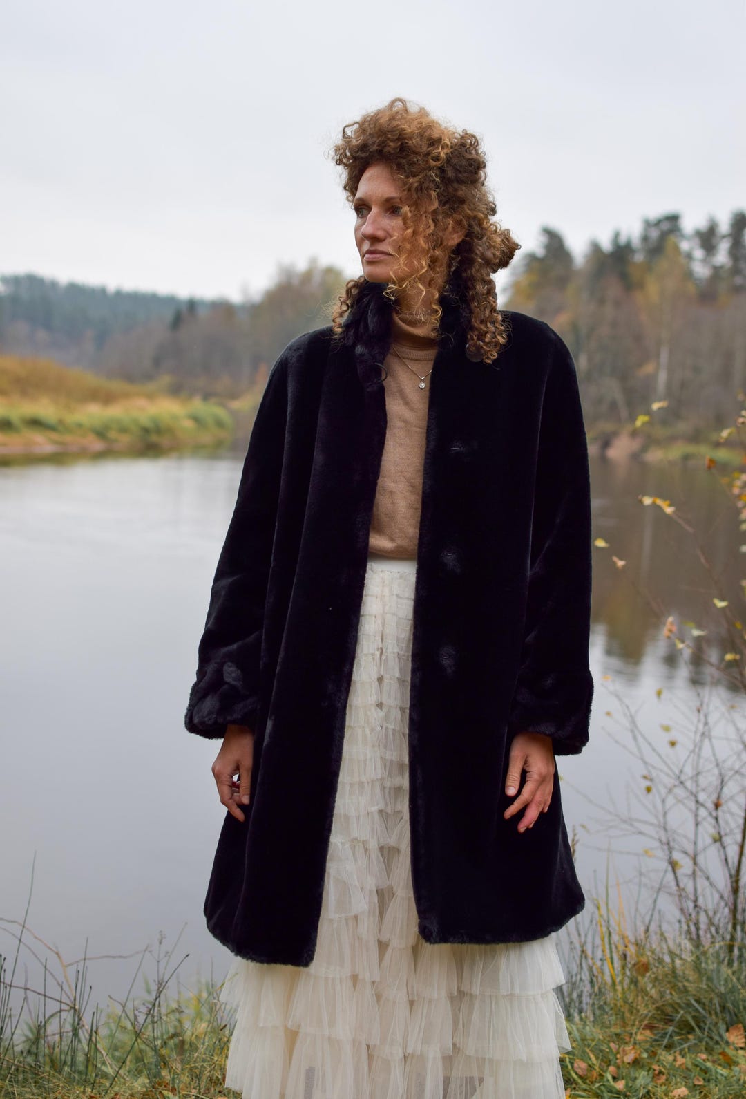 Fake Fur Retro Overcoat - Elgant Formal Event Black Fur Topcoat: Women ...