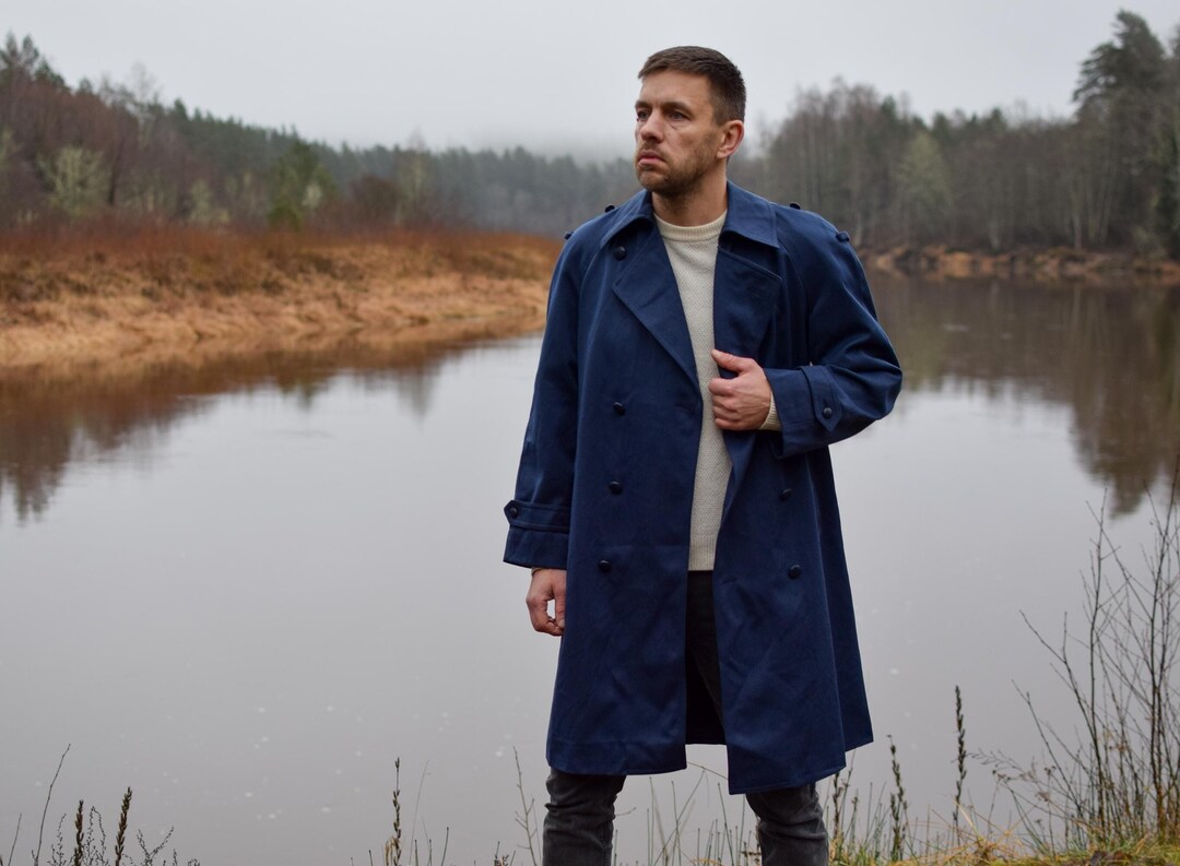 90s Dark Navy Blue Trench Coat, Military Style Men's Overcoat, Formal ...