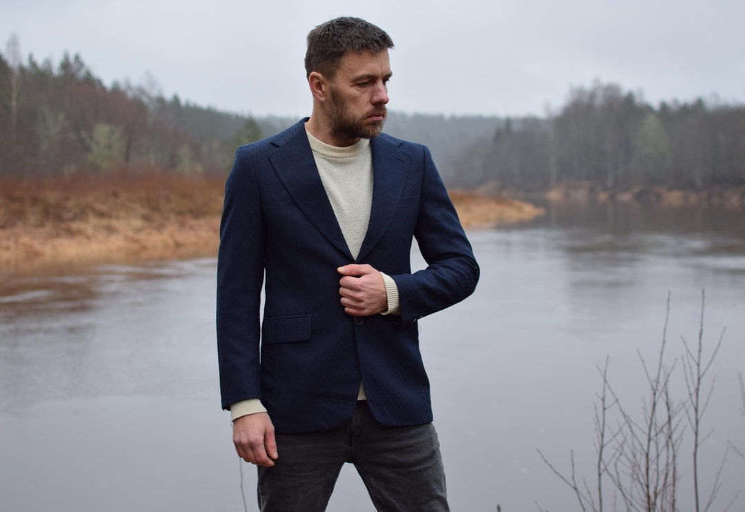 Vintage Formal Event Jacket, Blue 90s Retro Suit, Men's Elegant Wedding ...