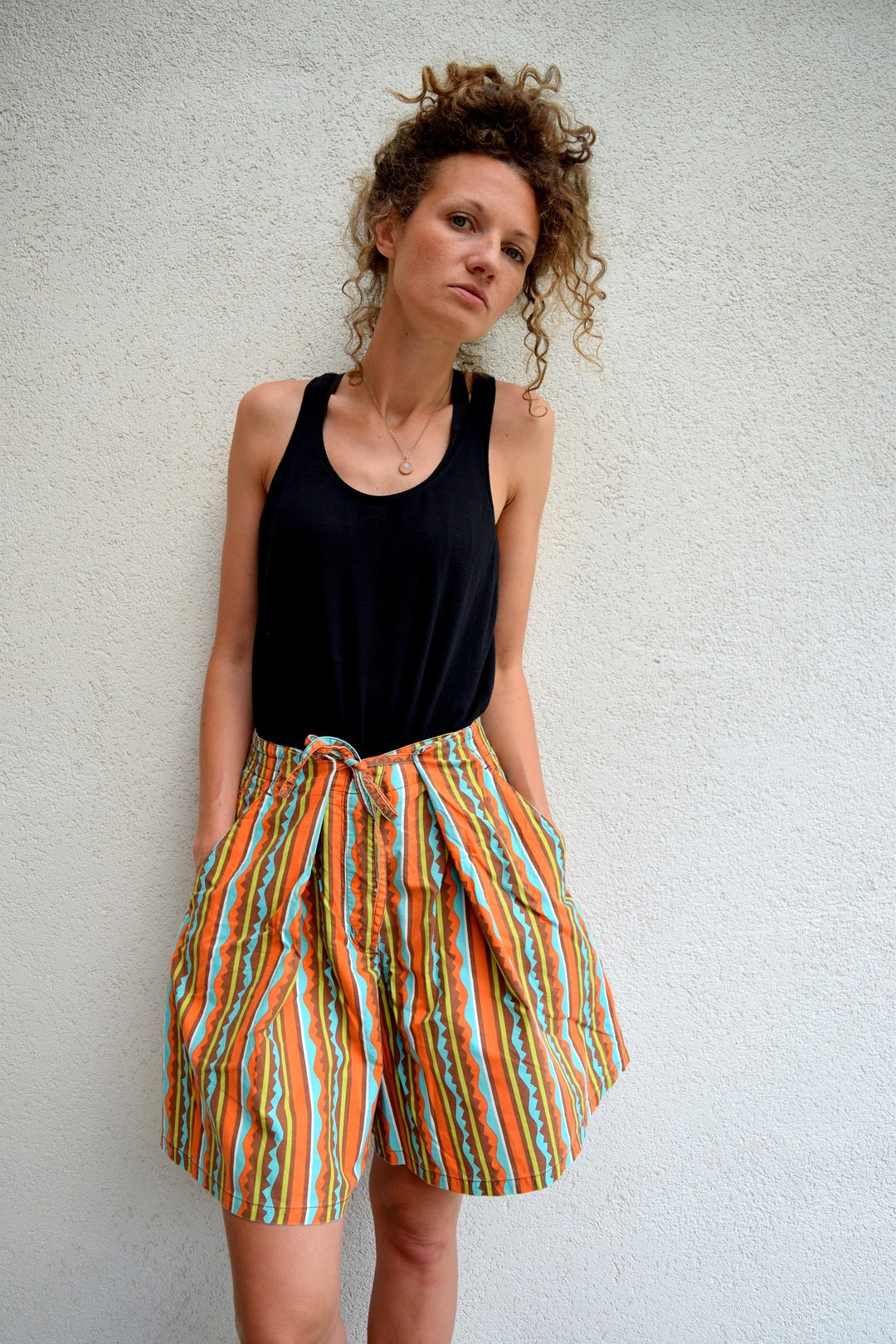 High Waist Summer Skorts, 60s 70s Bohemian Shorts, Striped Hippie ...